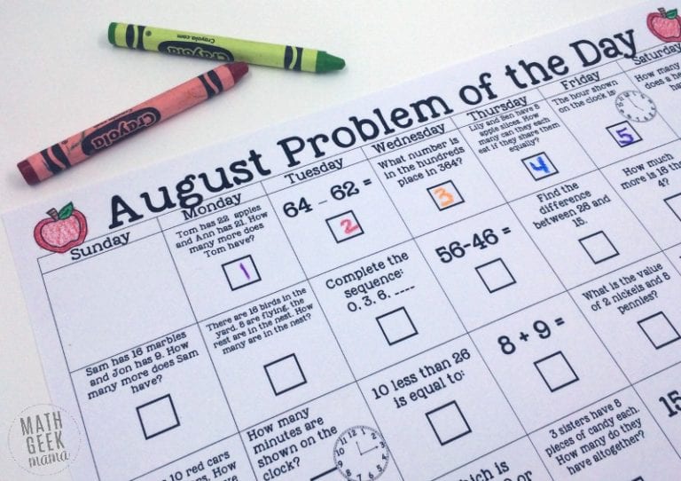 August Math Problem of the Day Calendar {FREE}